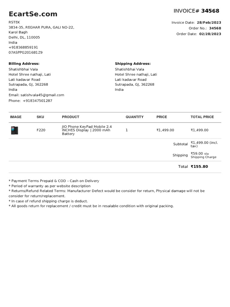 Invoice 34568 | PDF | Payments | Service Industries