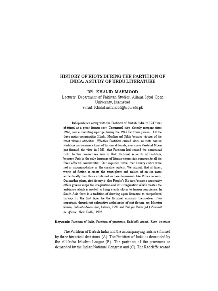 History of Riots During The Partition of India: A Study of Urdu ...