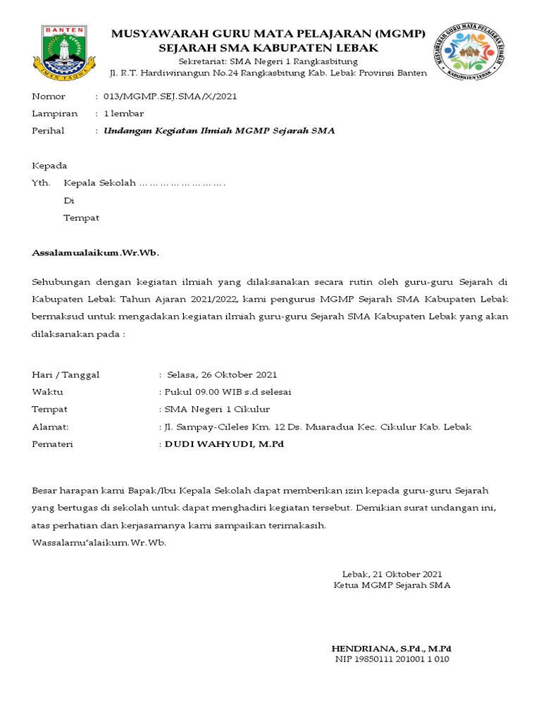 Surat Undangan Pertemuan Mgmp Oktober 2021 Pdf