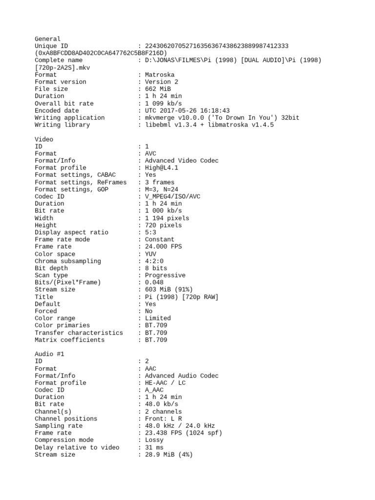 Pi (1998) (720p-2A2S) (Media Info) | PDF | Codec | Data Compression