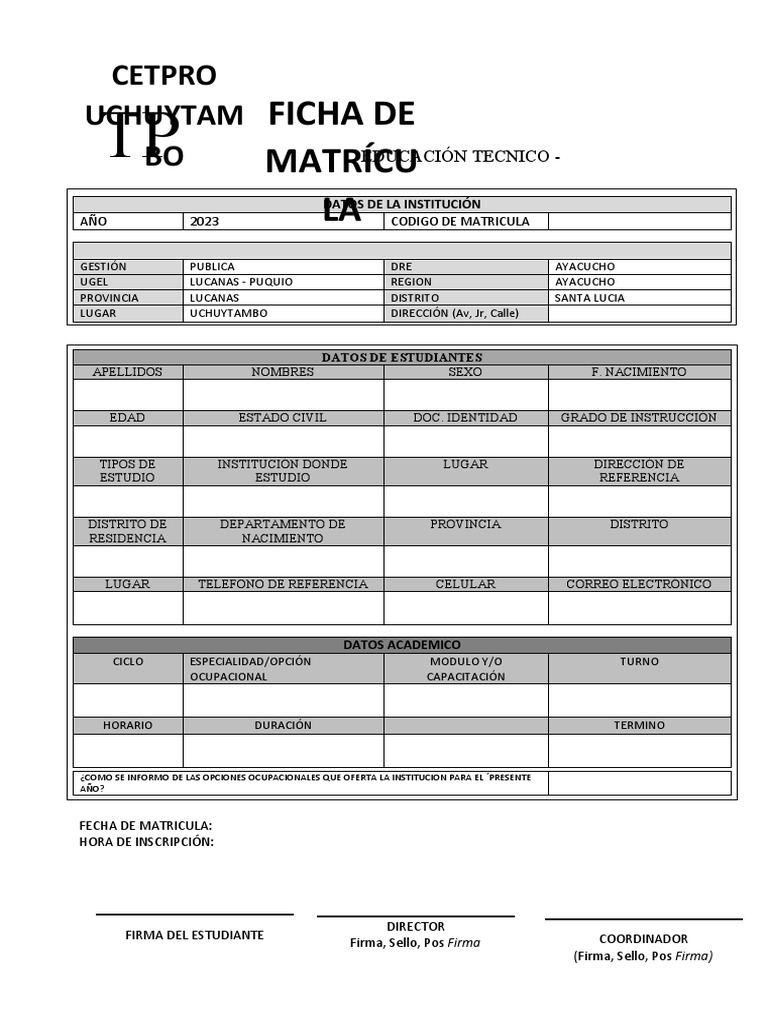 FICHA DE INSCRIPCIÓN DE CETPRO | PDF