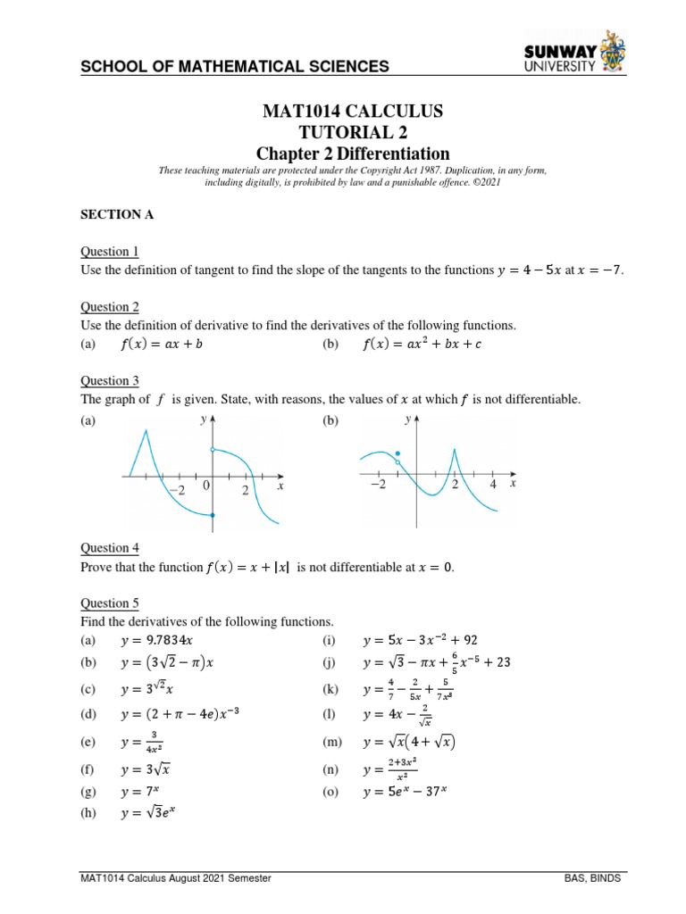 Tutorial 2 (Problem) MAT1014 Calculus August2021 | PDF | Derivative | Function (Mathematics)