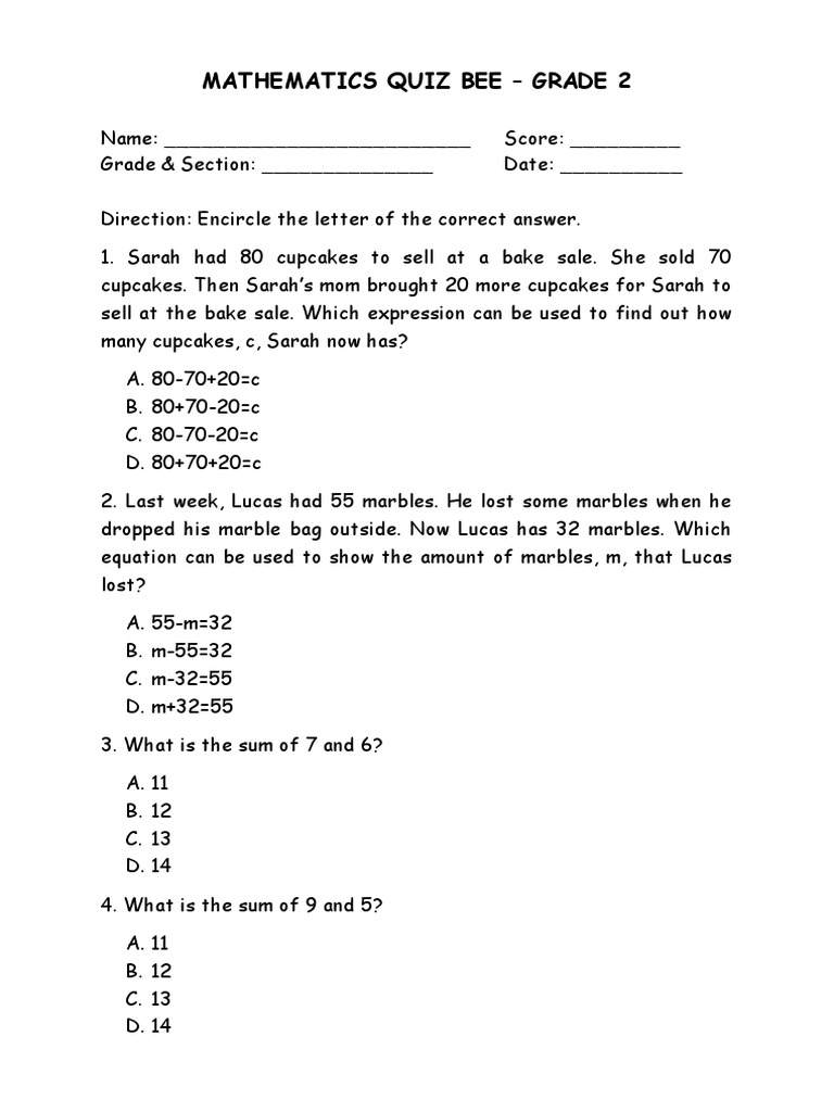 Grade 2 Math Quiz | PDF