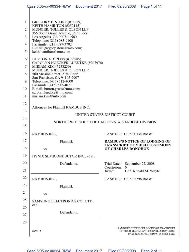 Rambus'S Notice of Lodging of Transcript of Video Testimony of Charles ...