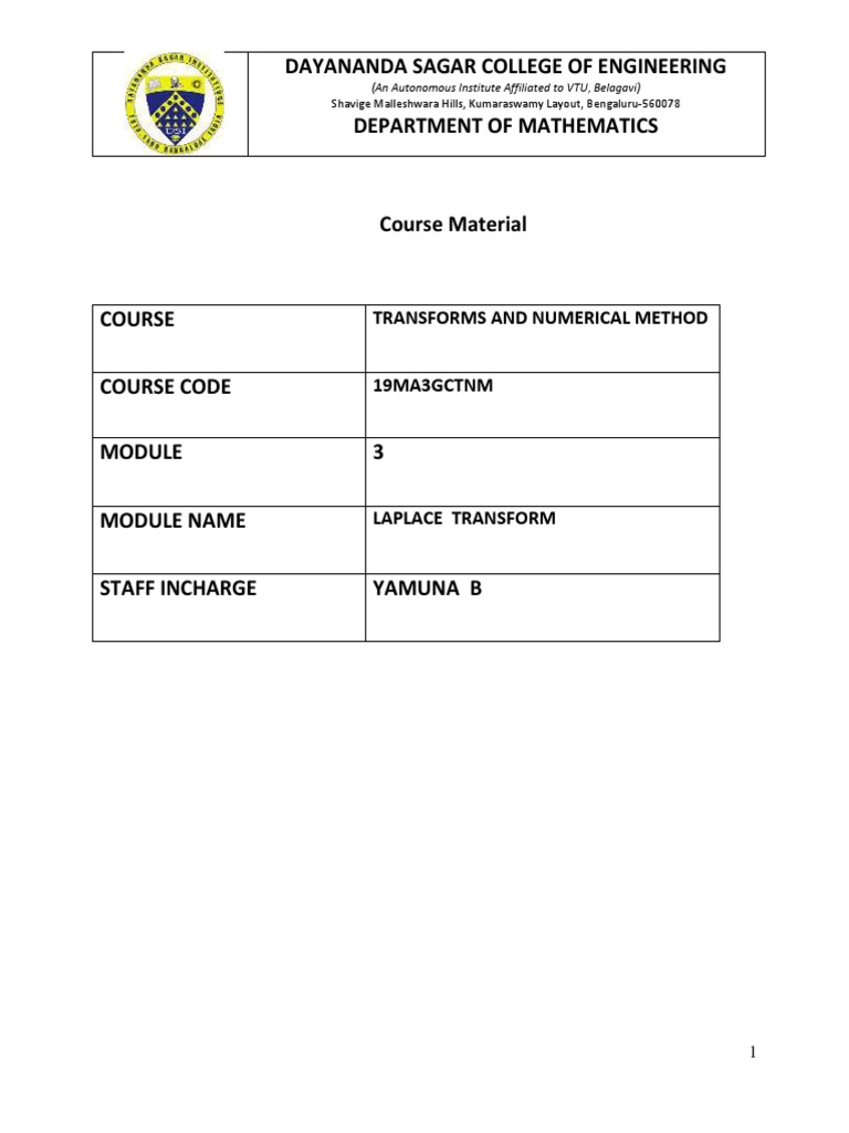 Mod 3 Laplace Transfrom - Notes | PDF | Laplace Transform | Function ...