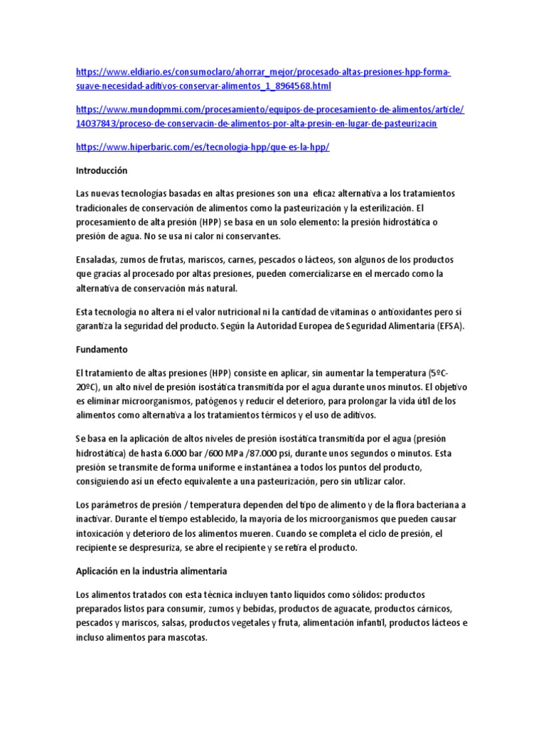 Altas Presiones en Conservacion de Alimentos | PDF | Alimentos | Nutrición