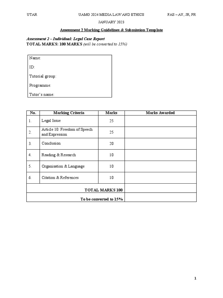 WBLE 202301 UAMG2024 MLAE - A2 Marking Guidelines Submission Template NEW 140323 | PDF ...