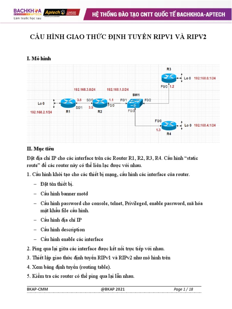 CẤU HÌNH GIAO THỨC ĐỊNH TUYẾN RIPV1 VÀ RIPV2 | PDF