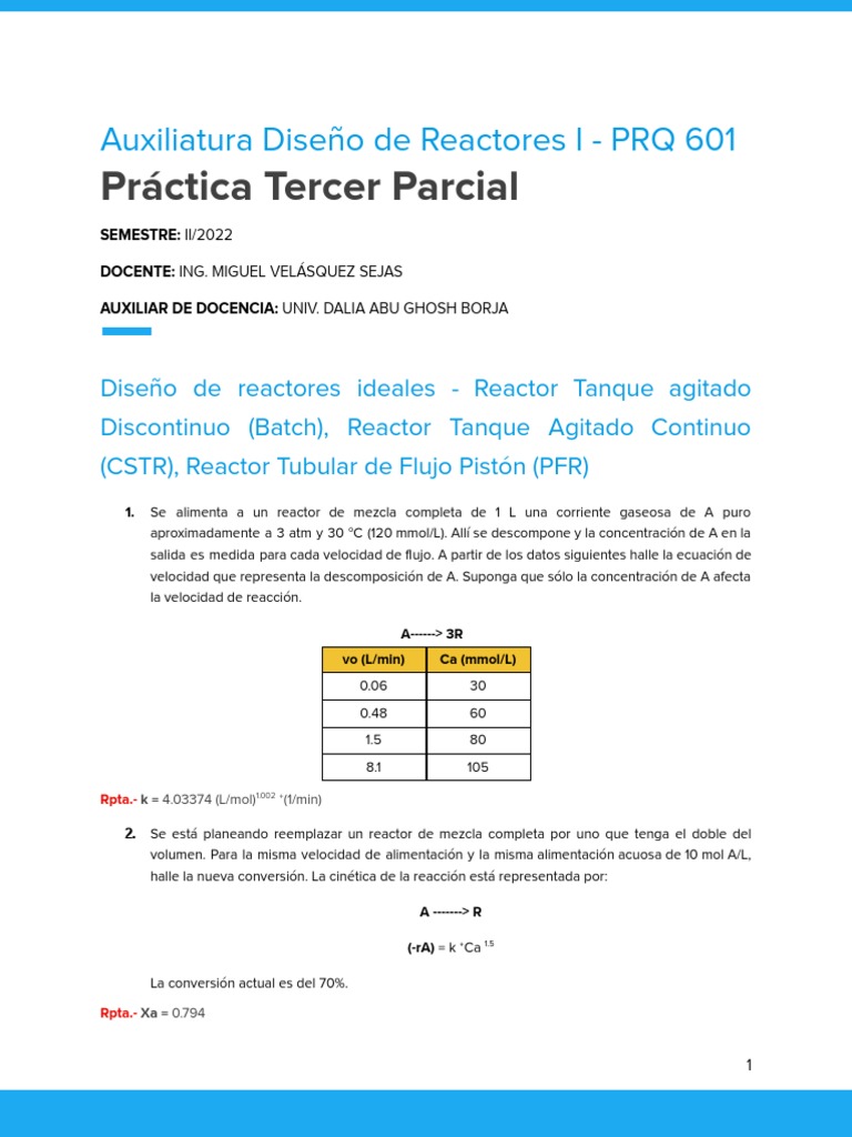 Práctica Tercer Parcial REACTORES | PDF | Reactor Quimico | Física Aplicada e Interdisciplinaria