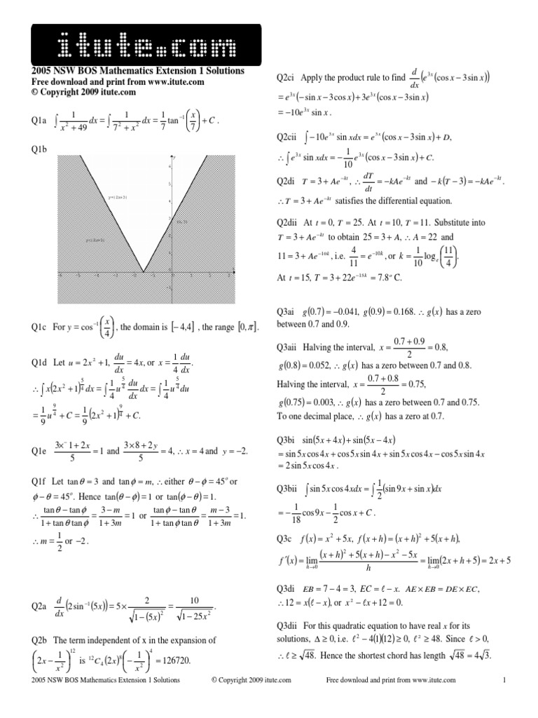 Maths Ext 1 2005 Itute - Com Solutions | PDF | Trigonometric Functions ...