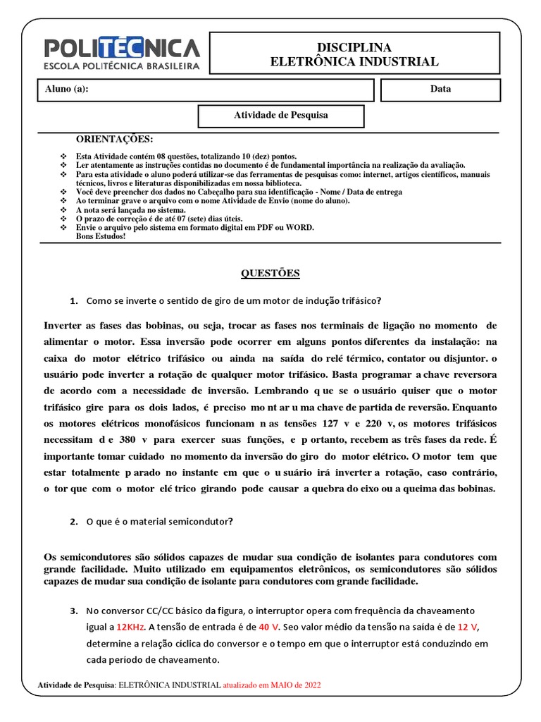 Atividade de Pesquisa - Eletronica Industrial Politecnica PDF | PDF | Rede elétrica | Eletrônicos