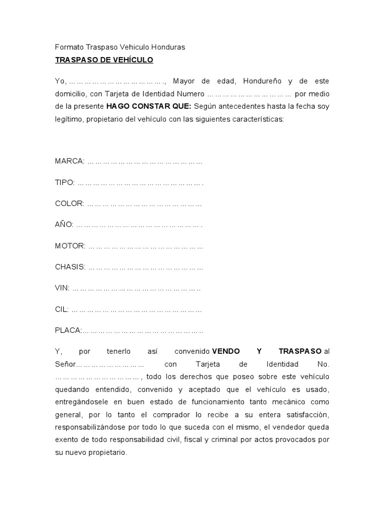 Formato Traspaso Vehiculo Honduras | PDF