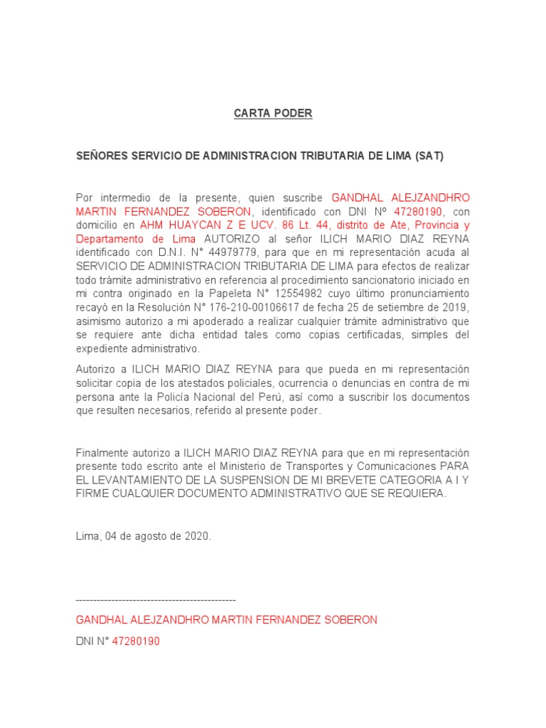 Carta Poder Simple Tramites Administrativos Sat | PDF