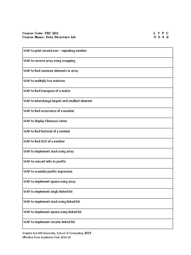 PBC 201 Data Structure Lab | PDF