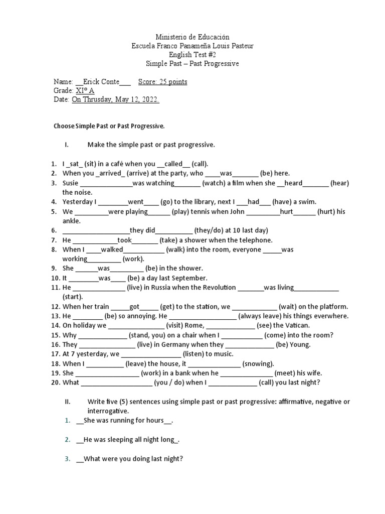 Test 2 - Simple Past - Past Progressive. | PDF