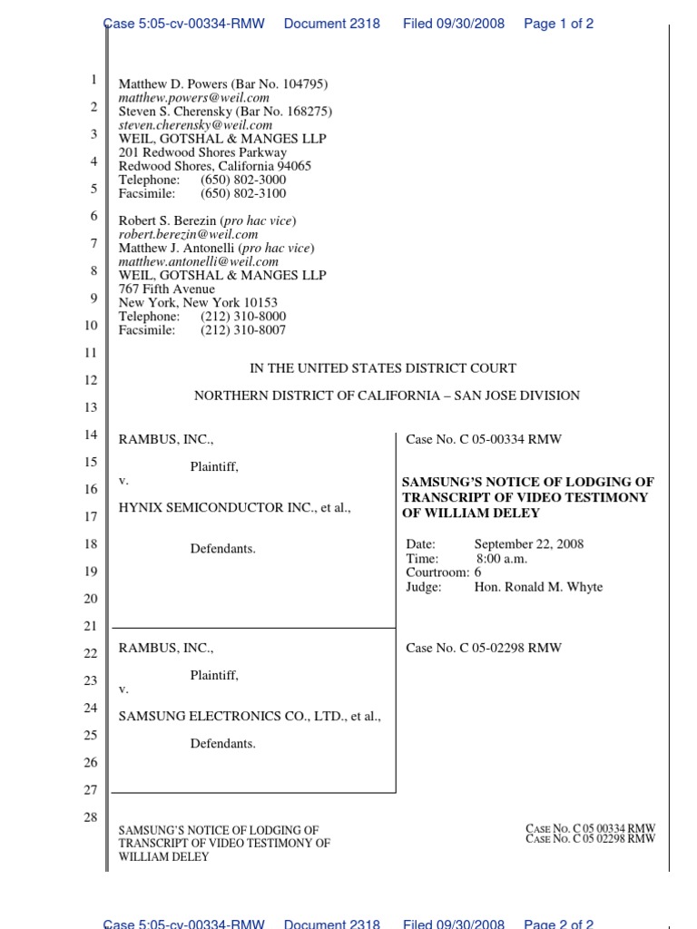 Samsung'S Notice of Lodging of Transcript of Video Testimony of William ...