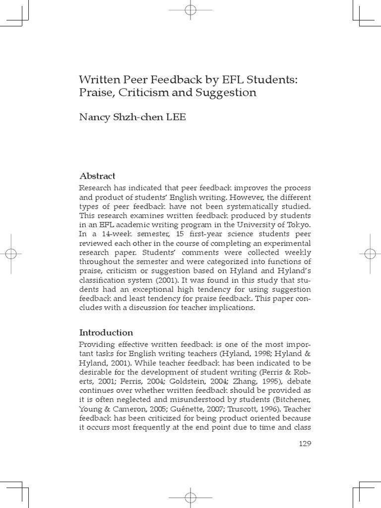 Written Peer Feedback by EFL Students: Praise, Criticism and Suggestion ...