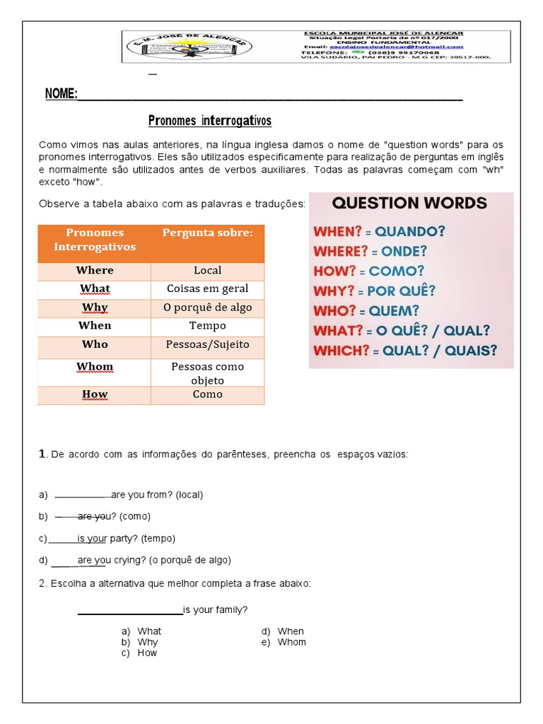 Question Words ATIVIDADE AVALIATIVA | PDF
