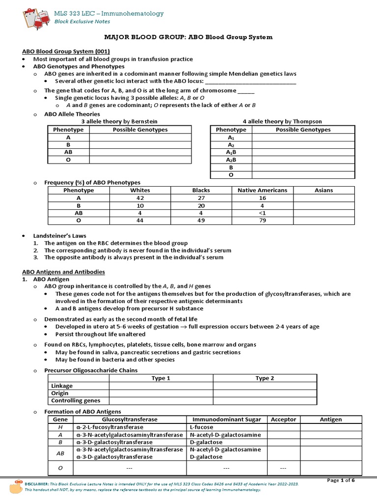MLS 323 LEC - Immunohematology: Block Exclusive Notes | PDF | Blood ...