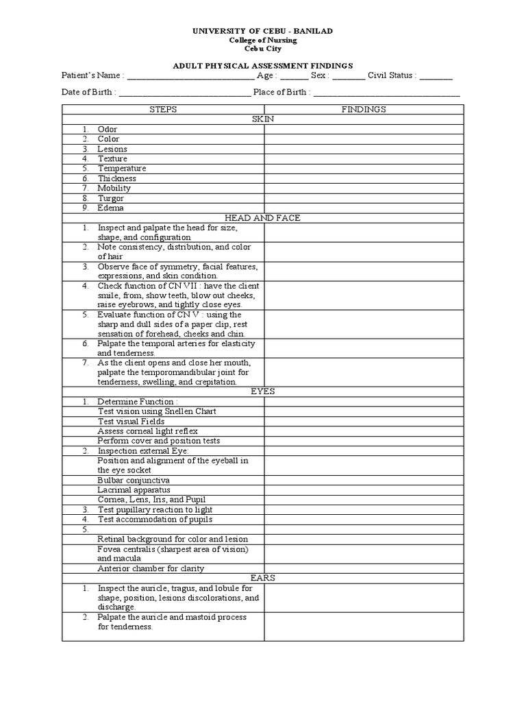 Comprehensive Physical Assessment Findings and Techniques for a ...