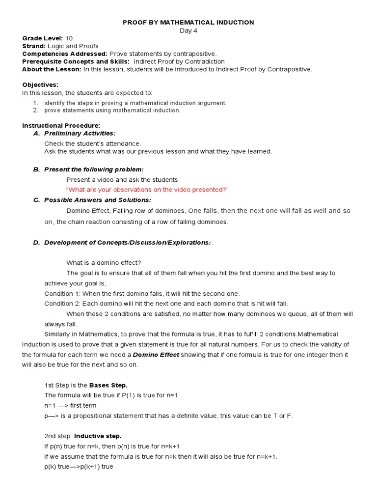 Lesson Plan G10 Day 4 PROOF BY MATHEMATICAL INDUCTION | PDF ...