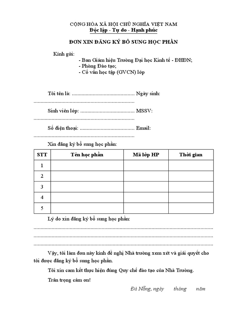 Don Xin Dang Ky Bo Sung Hoc Phan | PDF