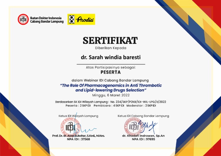 Sertifikat Dr. Sarah Windia Baresti PDF | PDF