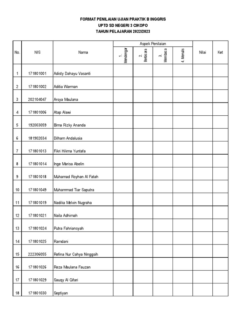 Form Nilai UPRAK B Ingg PDF | PDF