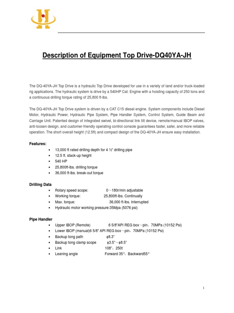 Datos Tecnicos Top Drive JH 250 Ton | PDF | Pump | Valve