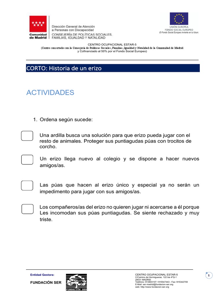 Actividades de Cortometraje Historia de Un Erizo | PDF