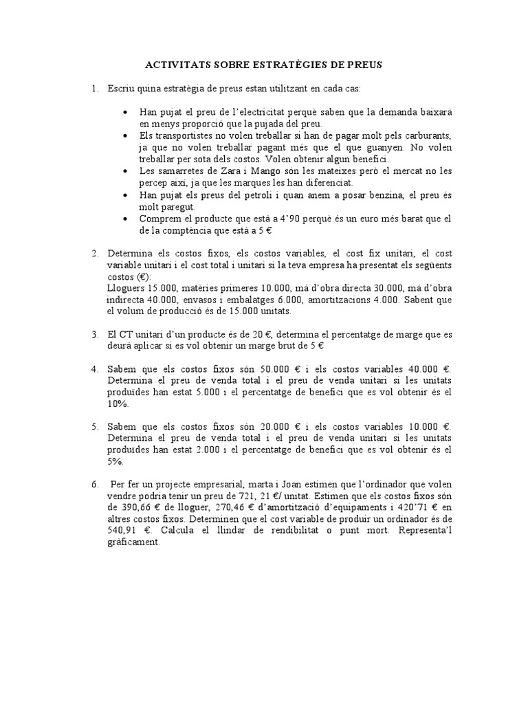 Activitats Sobre Estratègies de Preus | PDF