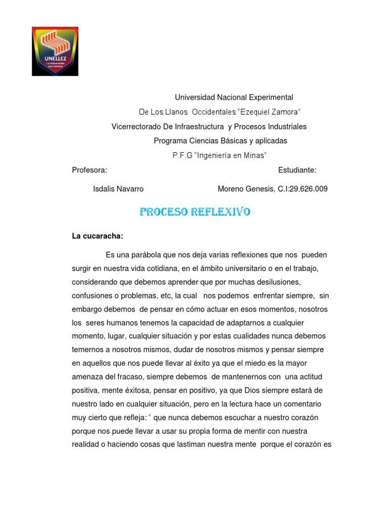 Proceso Reflexivo de La Parabola La Cucaracha. Genesis Moreno PDF | PDF | Mente