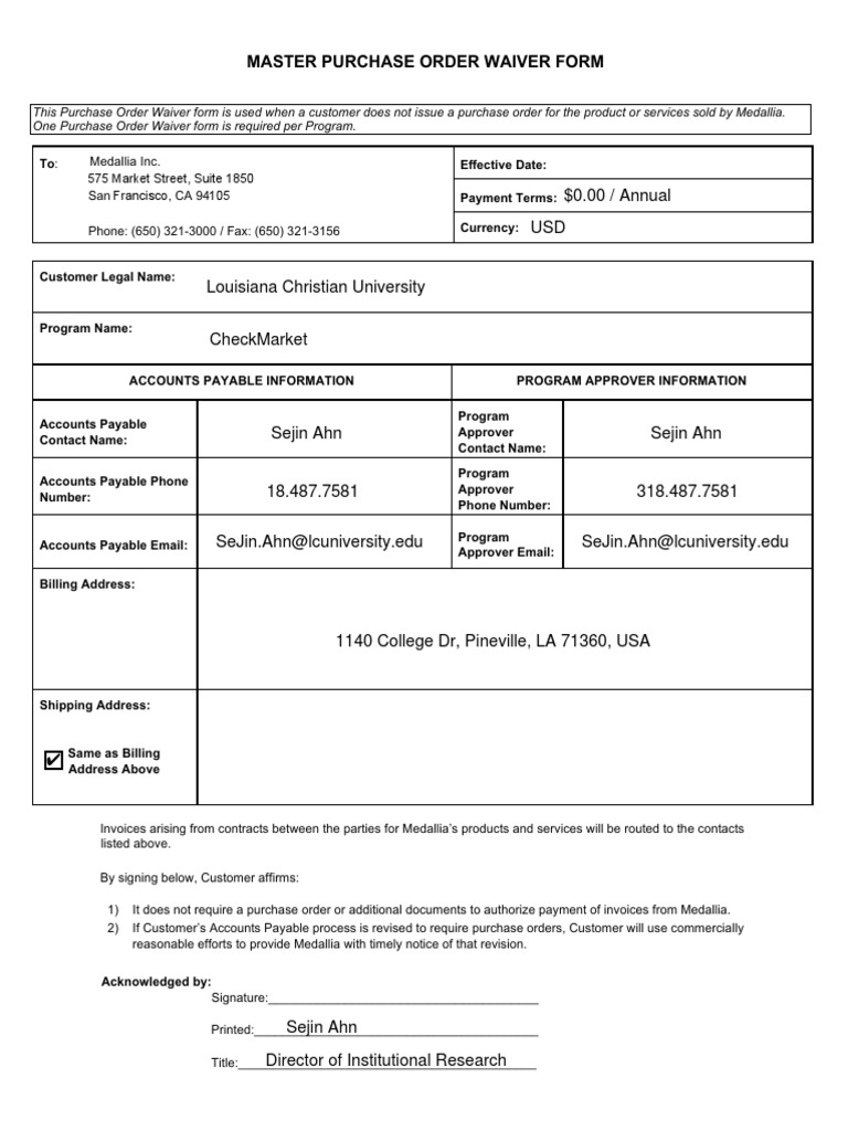 Louisiana Christian University - Order Waiver Form | PDF