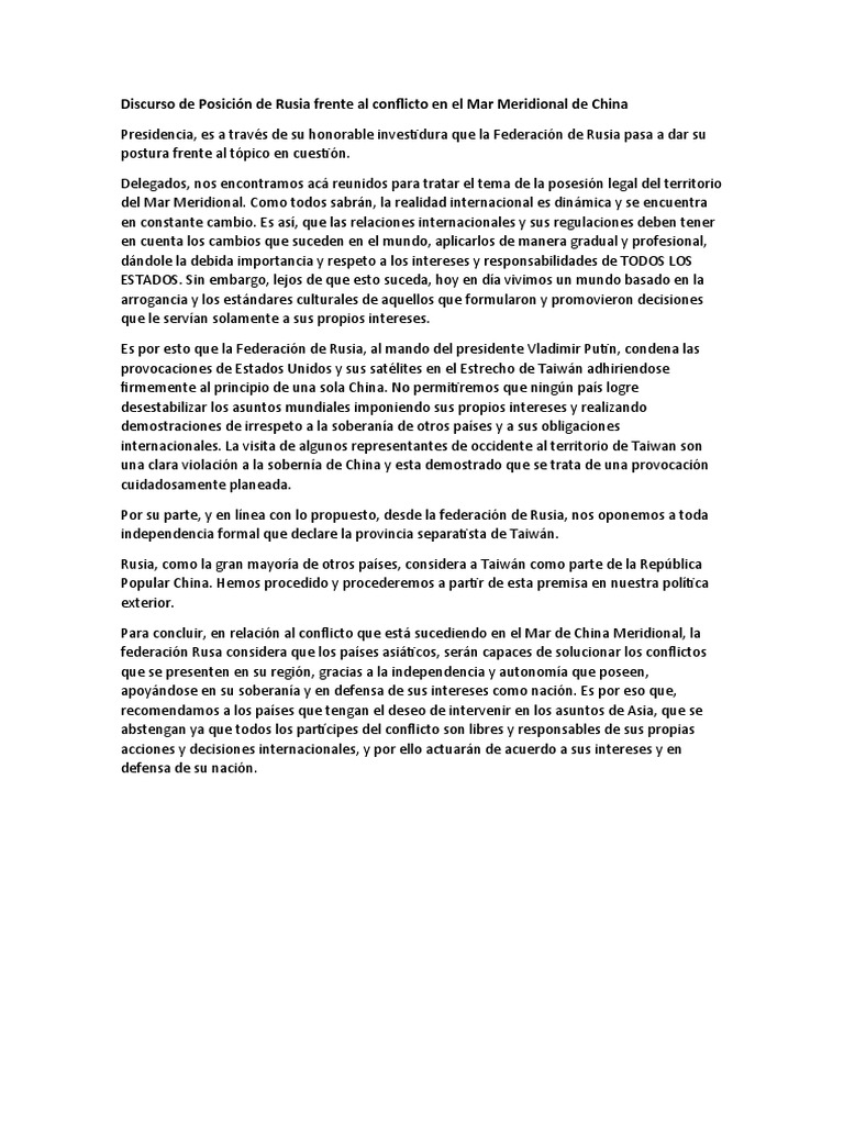 Discurso de Posición de Rusia Frente Al Conflicto en El Mar Meridional ...