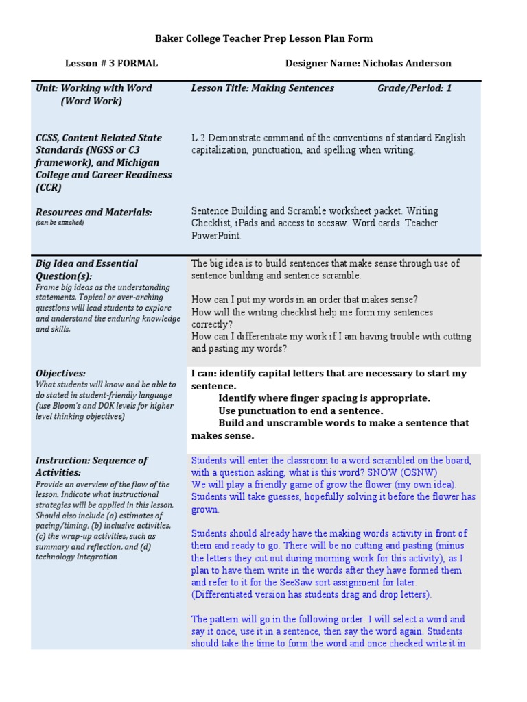 Sentence Building Lesson Plan for 1st Grade | PDF | Learning | Cognition