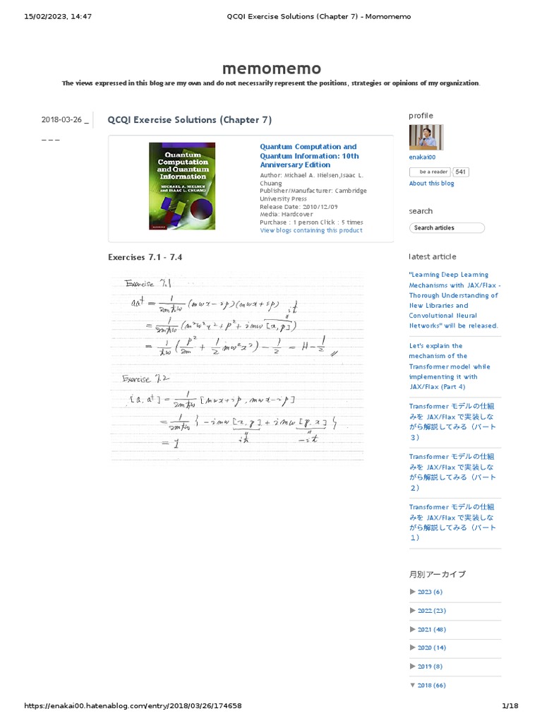 QCQI Exercise Solutions (Chapter 7) | PDF | Physical Sciences | Quantum ...