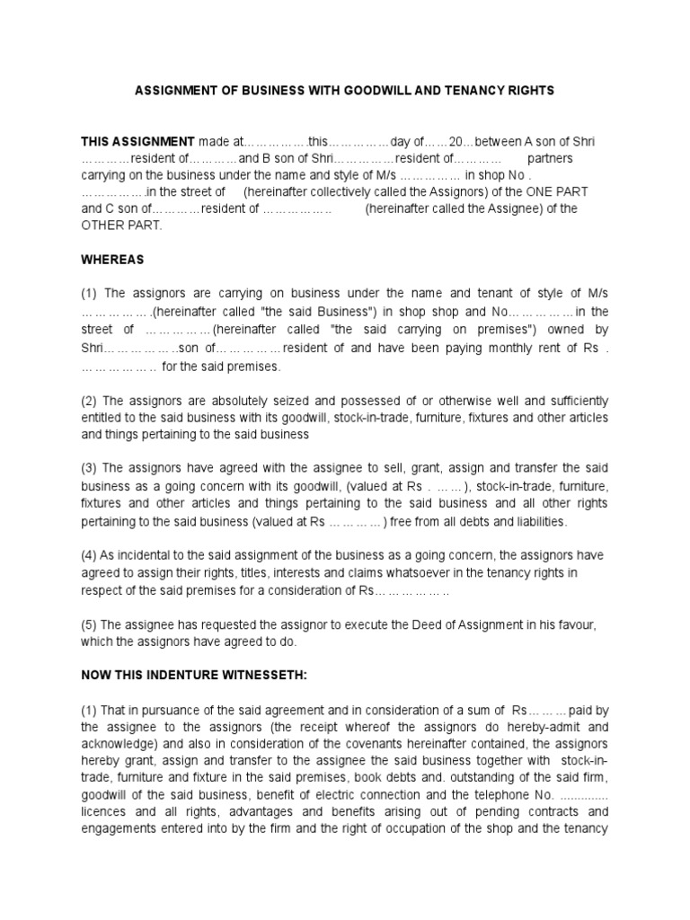 Assignment of Business With Goodwill and Tenancy Rights | PDF ...