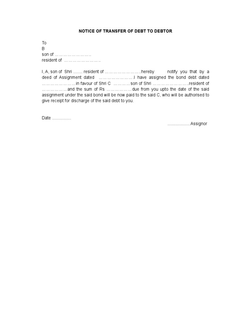 Notice of Transfer of Debt To Debtor | PDF