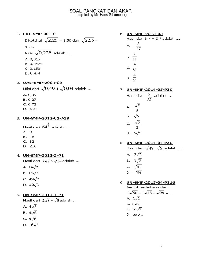Soal Pangkat Dan Akar 1 | PDF