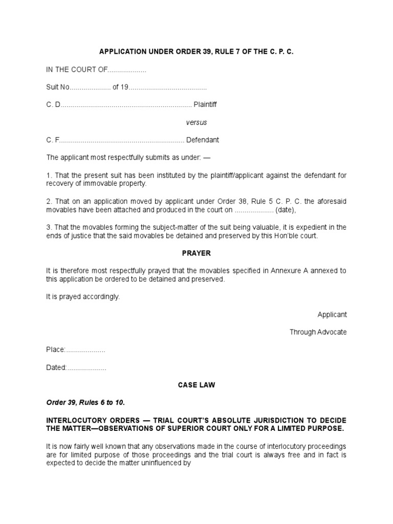 Application Under Order 39, Rule 7 of The C. P. C. | PDF | Lawsuit ...