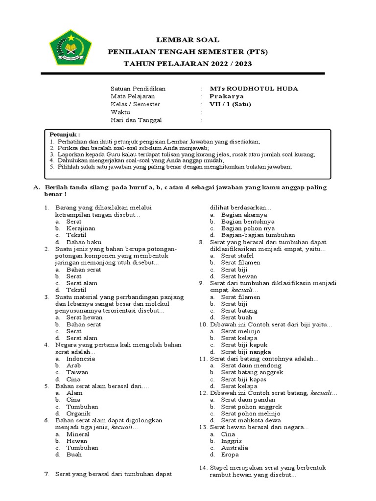 Soal PTS Prakarya Ganjil Kelas 7 2022 | PDF