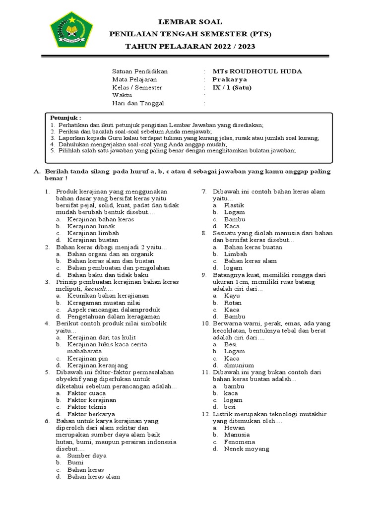 Soal PTS Prakarya Ganjil Kelas 9 2022 | PDF | Teknologi & Rekayasa | Dewasa Muda