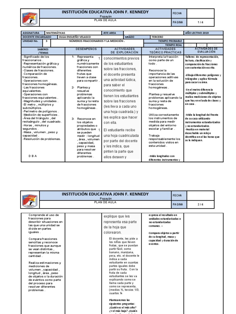 PLAN DE AULA DE MATEMATICAS , GRADO TERCERO , TERCER PERIODO | PDF