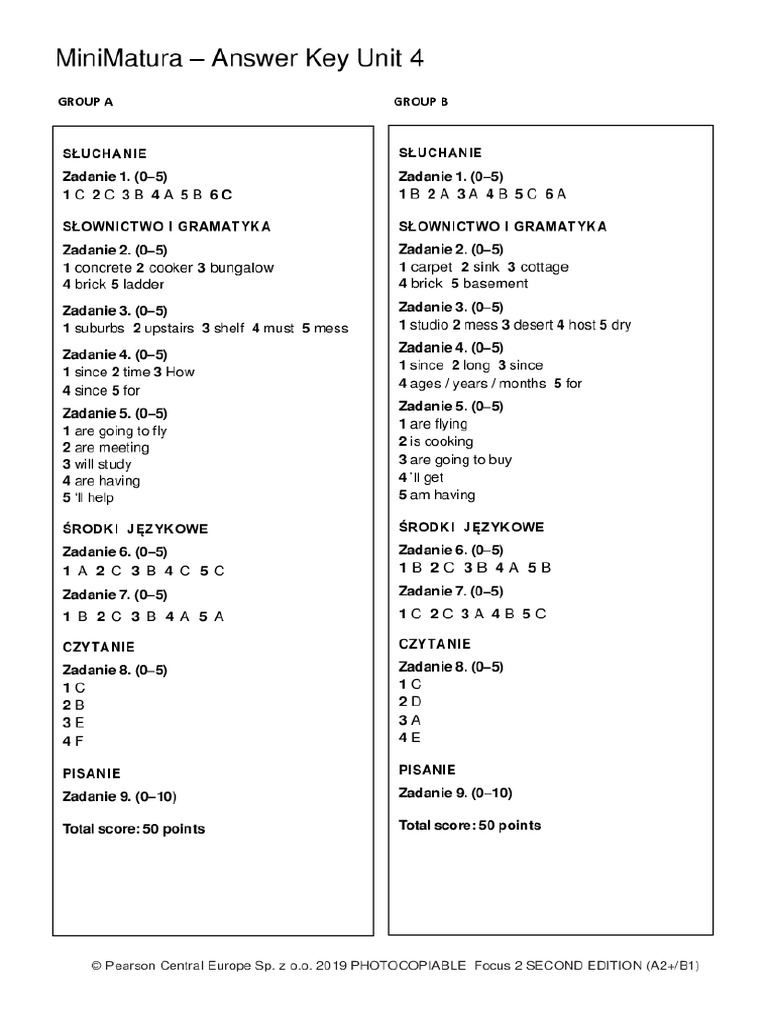 Focus 2 Unit 4 Klucz Odpowiedzi | PDF