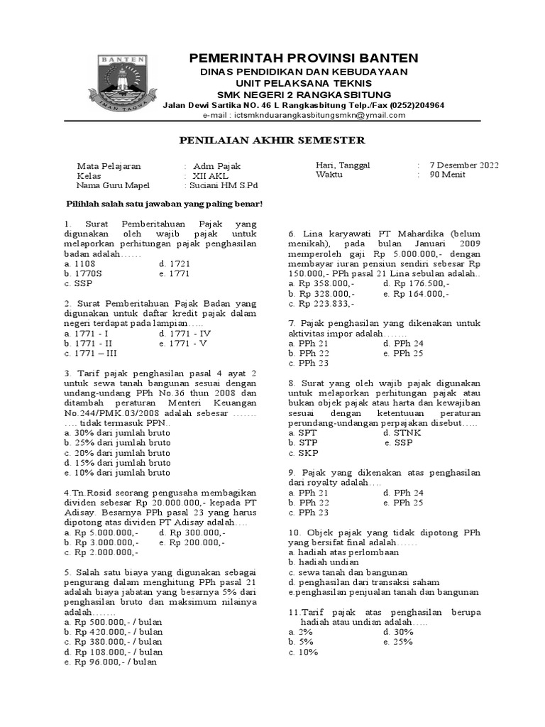 Soal Pas Adm Pajak Kls Xii Ganjil | PDF | Pengelolaan Keuangan & Uang | Teknologi & Rekayasa