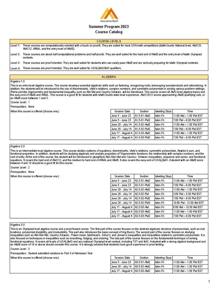 Amsp Course Catalog 2023 v3 | PDF | Number Theory | Combinatorics