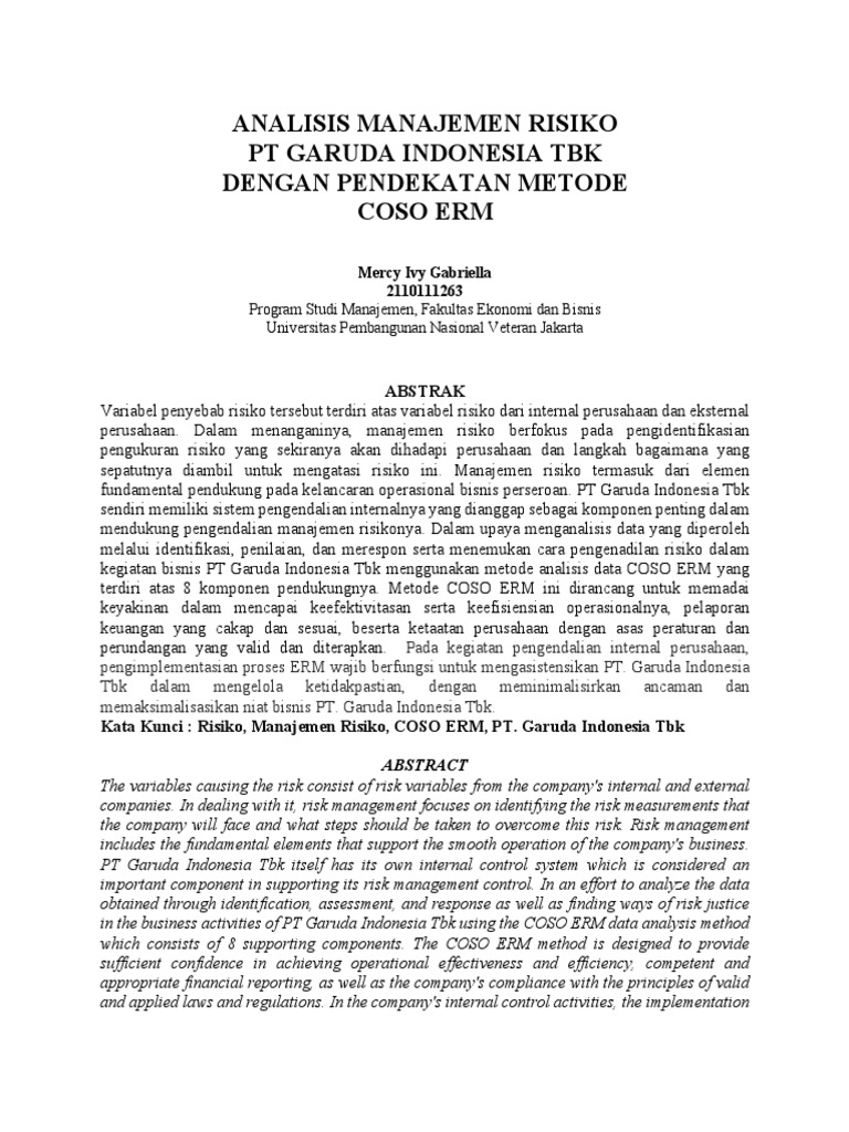Analisis Manajemen Risiko Pt. Garuda Indonesia TBK Dengan Pendekatan Metode Coso Erm | PDF