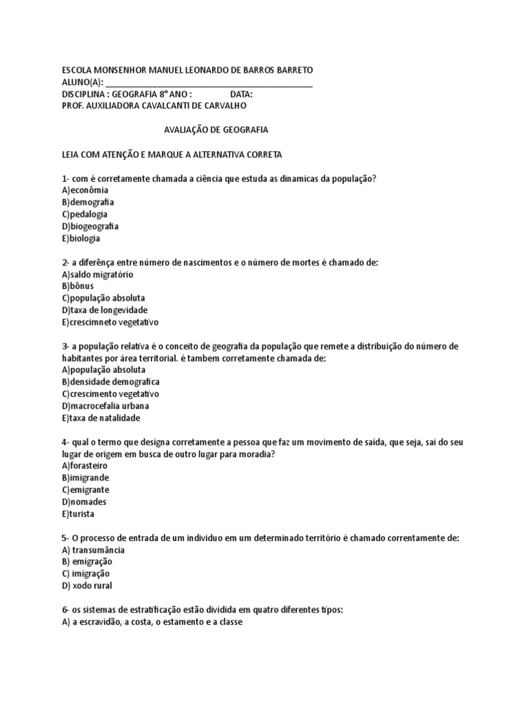 Prova Do 8 Ano A B C Pdf População Mundial Pobreza 8403