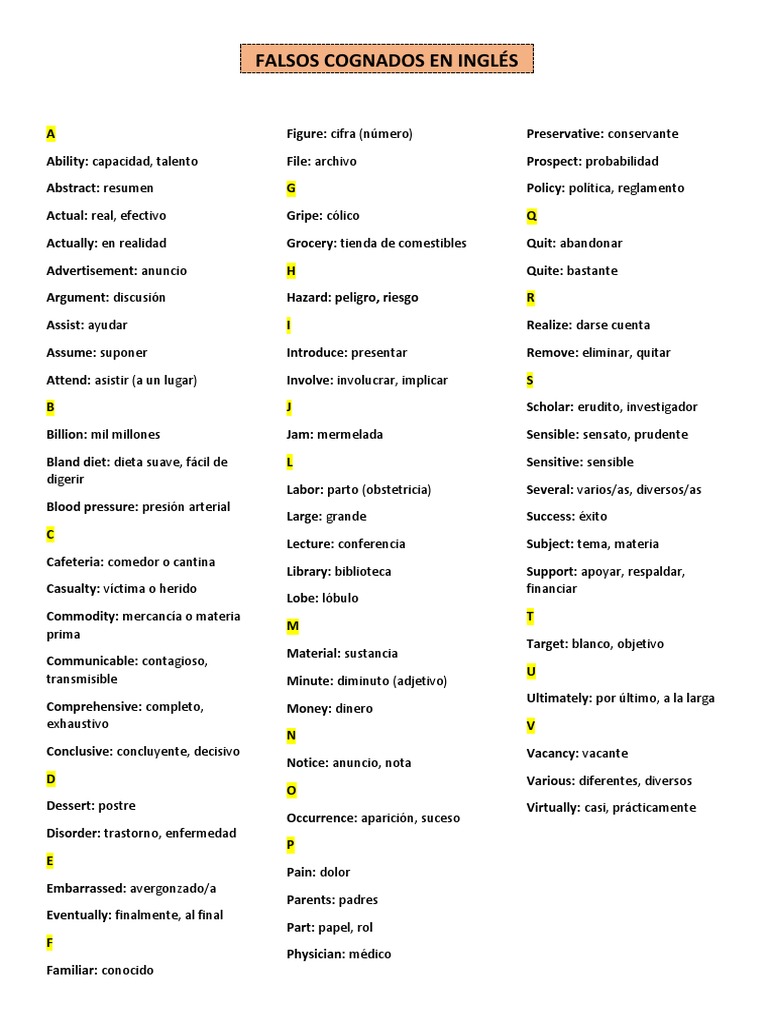 Falsos Cognados en Inglés y Español | PDF | Medicina | Ciencias de la Salud