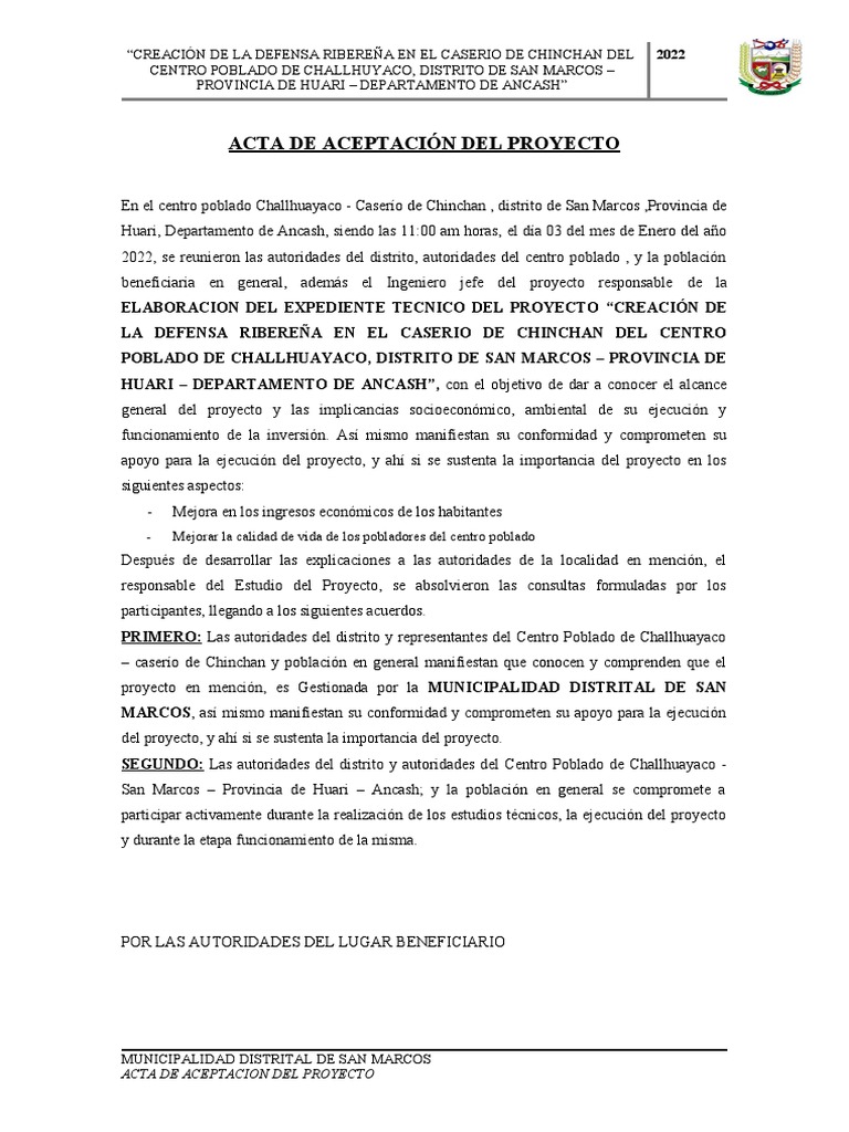 Acta Aceptacion Del Proyecto | PDF | Economias